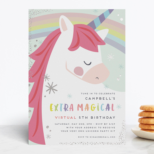 virtual unicorn Foil-Pressed Children's Birthday Party Invitations by ...