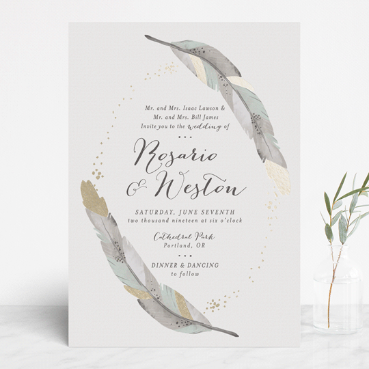 Dipped Feathers Foil-Pressed Wedding Invitations by Pistols | Minted