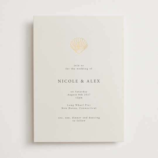 Simple Seashell Foil-Pressed Wedding Invitations by Hannah Bowman | Minted