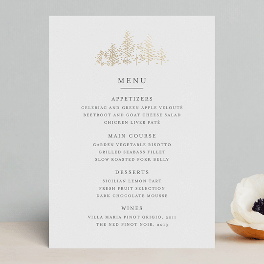 Golden Pines Foil-Pressed Menus by Bethan | Minted