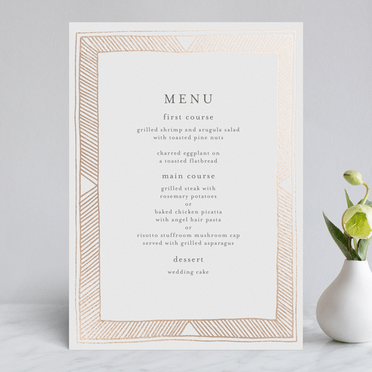 Hand Drawn Gilded Frame Foil-Pressed Menus by Katharine Watson | Minted