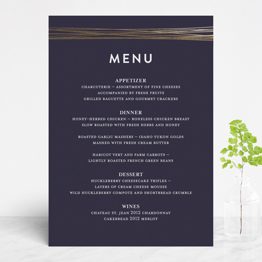 Golden Threads Foil-Pressed Menus by Lisa Guerrero | Minted