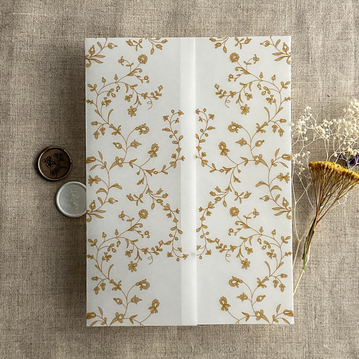 Gold color dainty floral vines printed vellum wrap for 5x7 card | pack ...