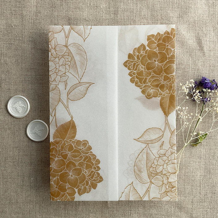Gold Hydrangea floral printed vellum wrap for 5x7 card | pack of 10 ...