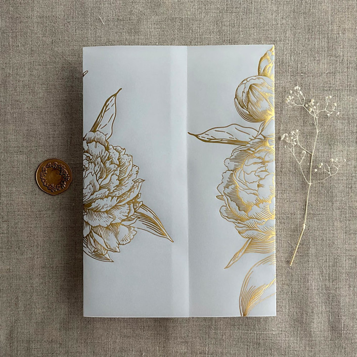 Real gold foil pressed on vellum gold Etched grand peony vellum wrap ...