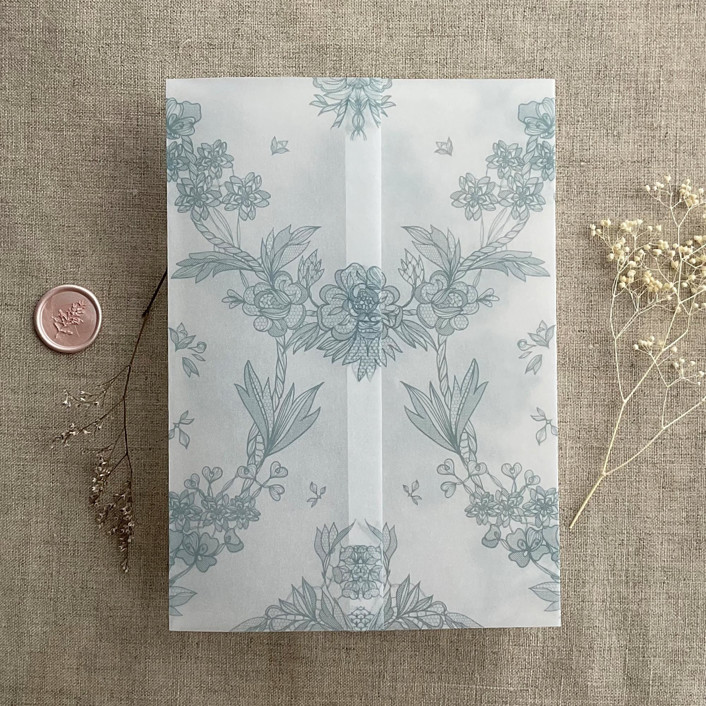 Venetian floral lace steel blue color printed vellum wrap for 5x7 card ...