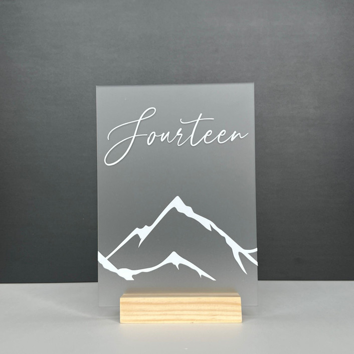 Frosted Acrylic Mountain Table Number, With White Lettering and Natural ...