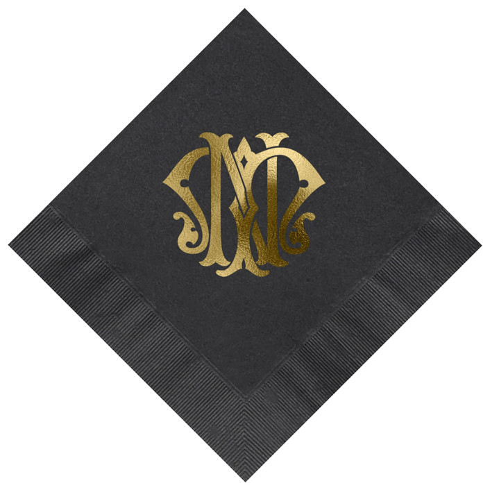 MN or NM Monogram Featuring Chic Font Gold Foil on Black Napkin Wedding ...