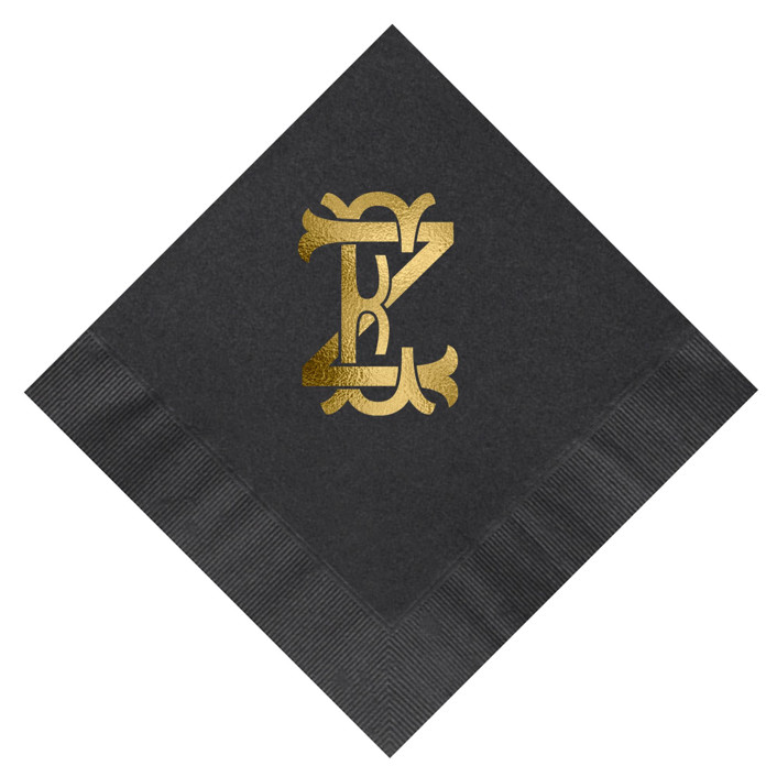 EZ or ZE Monogram Featuring Chic Font Gold Foil on Black Napkin Wedding ...