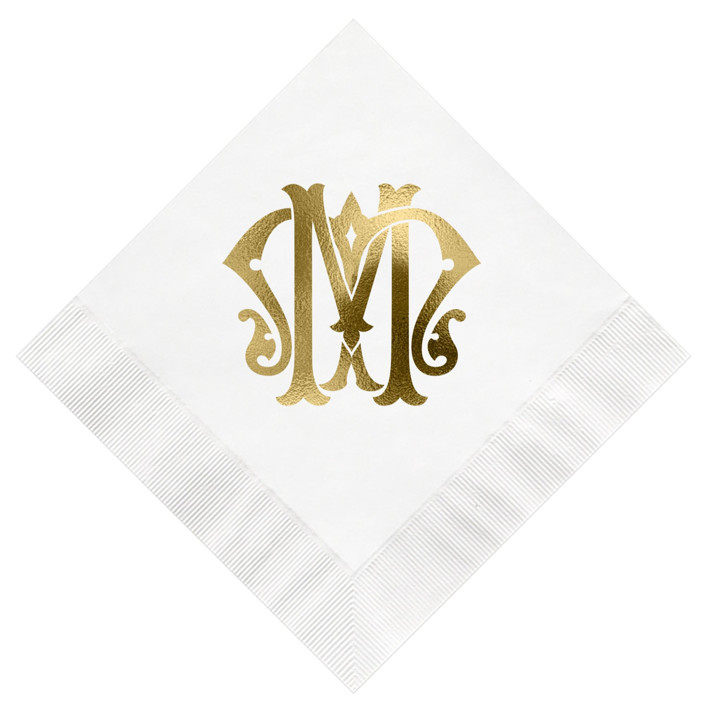MM Monogram Featuring Chic Font Gold Foil on White Napkin Wedding Table ...