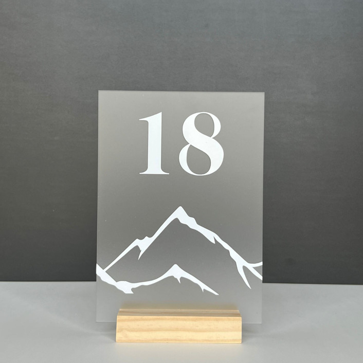 Frosted Acrylic Mountain Table Number, With White Lettering and Natural ...