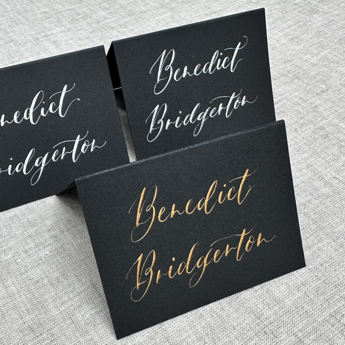 Custom calligraphy place cards | Black tent place cards | Modern ...